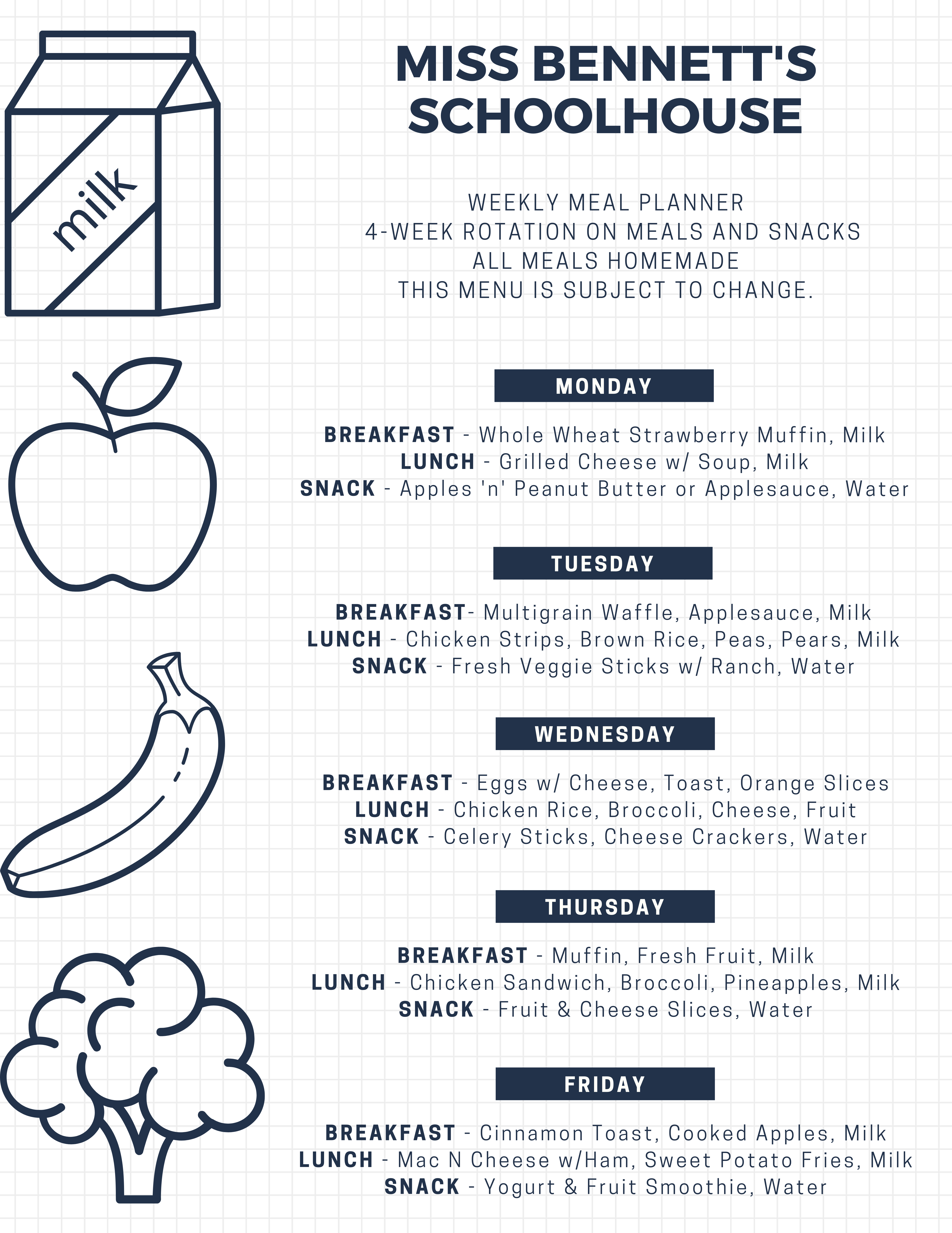 Sample Food Menu | Miss Bennett's Schoolhouse
